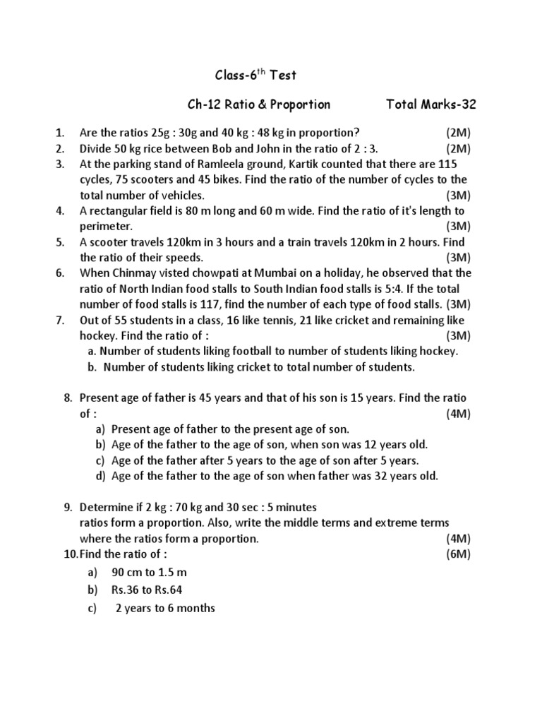 Class 6 Ratio and Proportion Test Paper | PDF | Science & Mathematics
