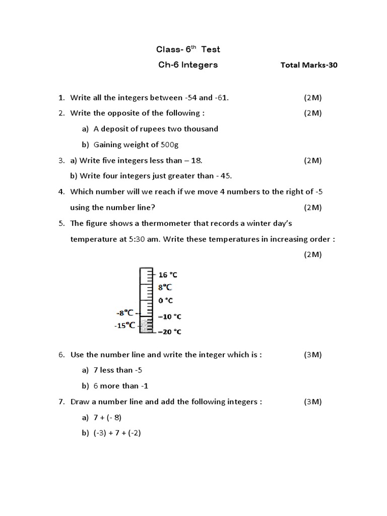 Class-6 Test Practice of Integers | PDF