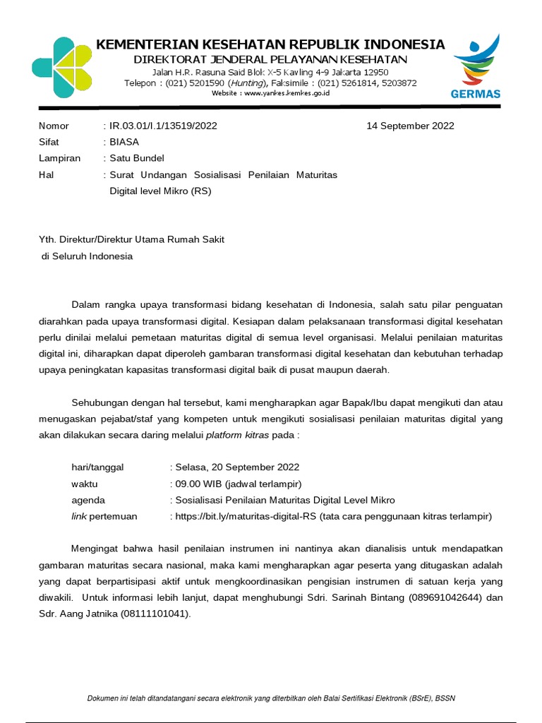 Surat Undangan Sosialisasi Penilaian Maturitas Digital Level Mikro (RS) +lampiran | PDF