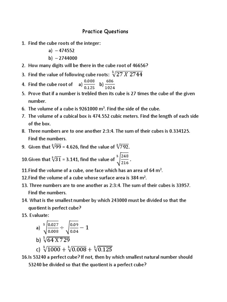 Class-8 Cube & Cube Roots Worksheet | PDF | Mathematical Objects ...