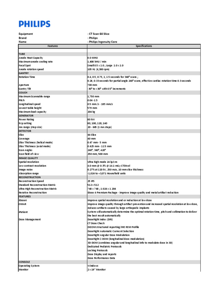Philips Ingenuity Core 64 CT Scanner Specs | PDF | Ct Scan | Imaging