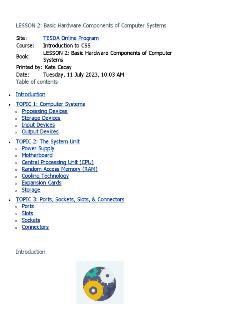 LESSON 2 Basic Hardware Components of Computer Systems | PDF | Computer Data Storage | Random ...