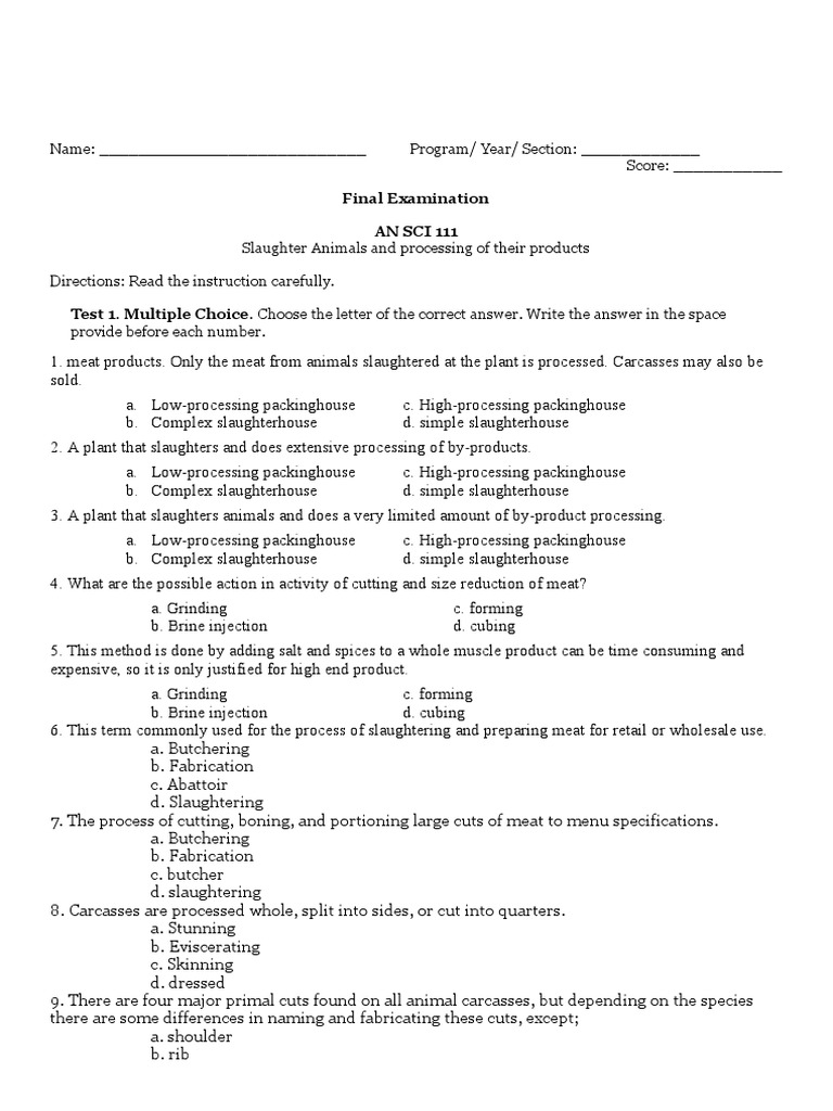 Final Examination An Sci 111 | PDF | Meat | Slaughterhouse
