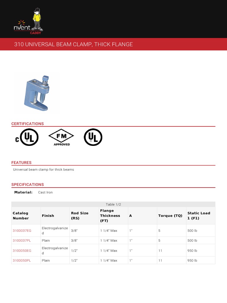 NVent CADDY 310 Universal Beam Clamp Thick Flange | PDF | Mechanical ...