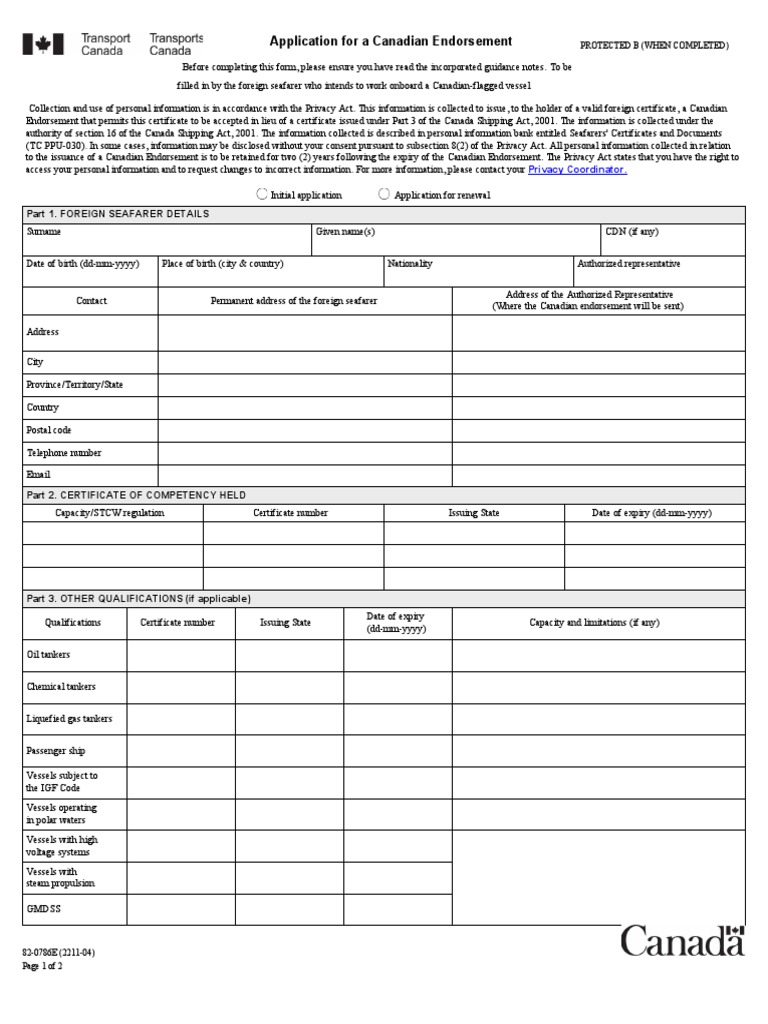 82-0786 - 2211-04 - E - XApplication For A Canadian Endorsement | PDF