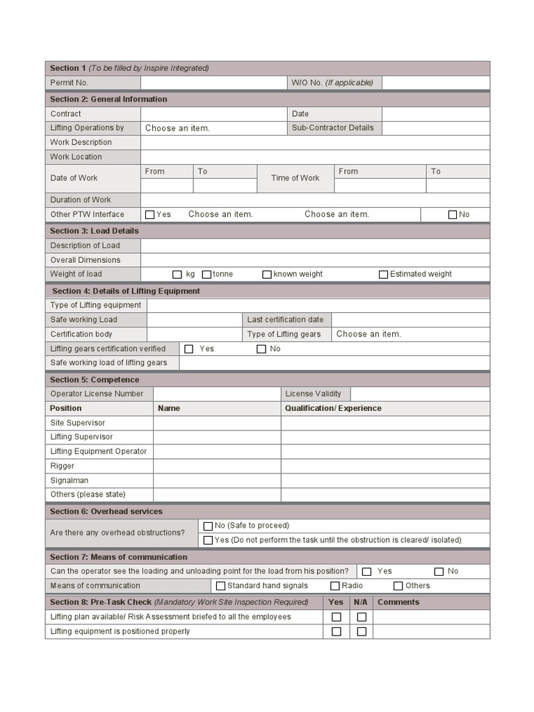 Lifting Operations Permit Template | PDF | Safety