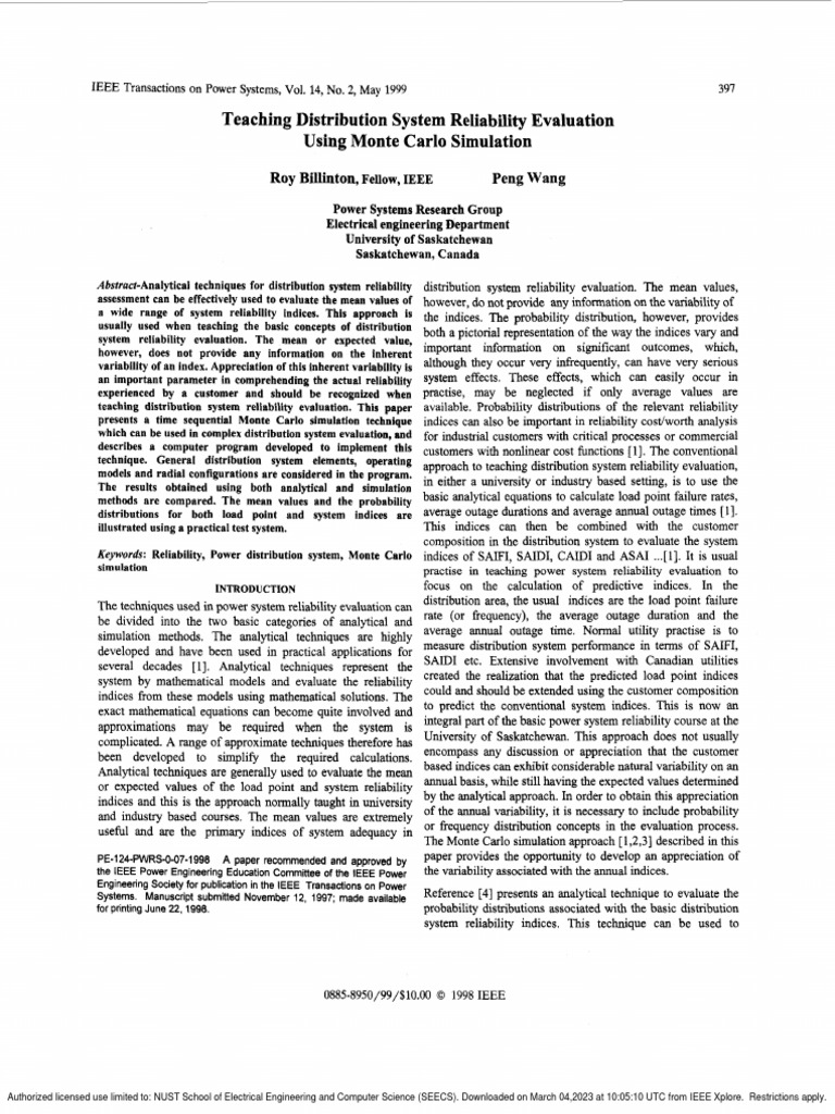 Teaching Distribution System Reliability Evaluation Using Monte Carlo Simulation | PDF ...