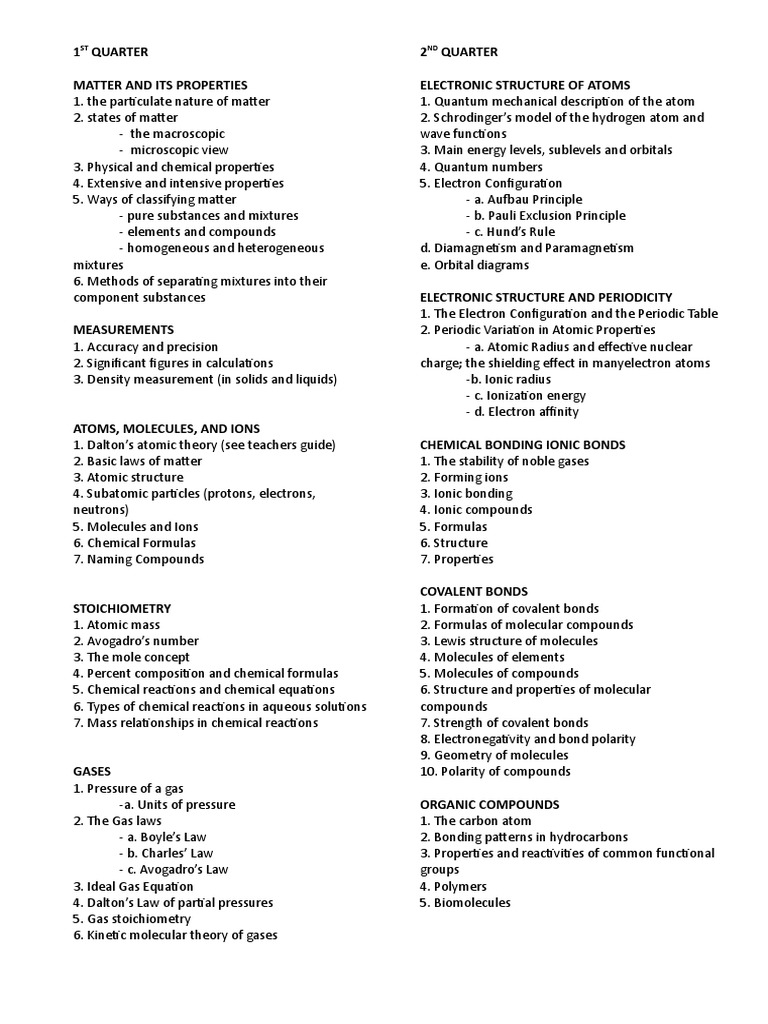G12 General Chemistry 1 and 2 Topics | PDF
