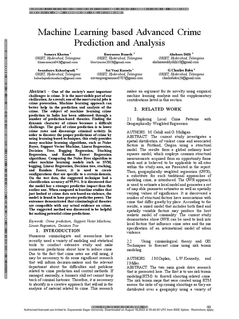 Machine Learning Based Advanced Crime Prediction And Analysis Pdf