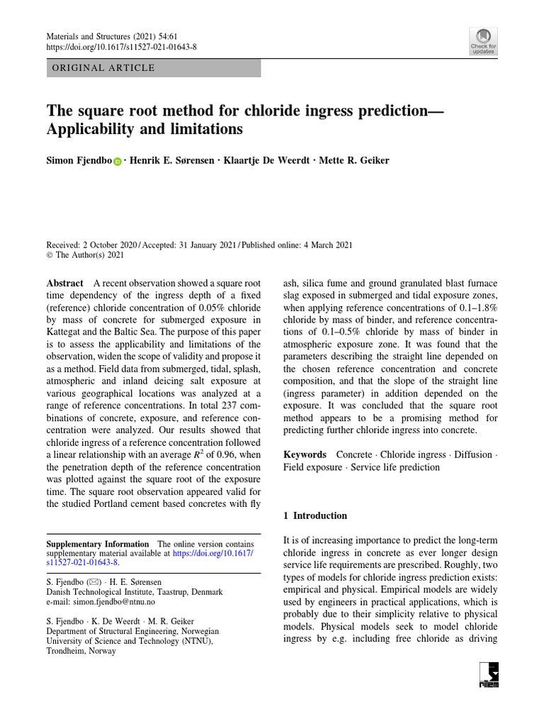 Fjendbo Et Al 2021 The Square Root Method For Chloride Ingress Prediction Applicability 