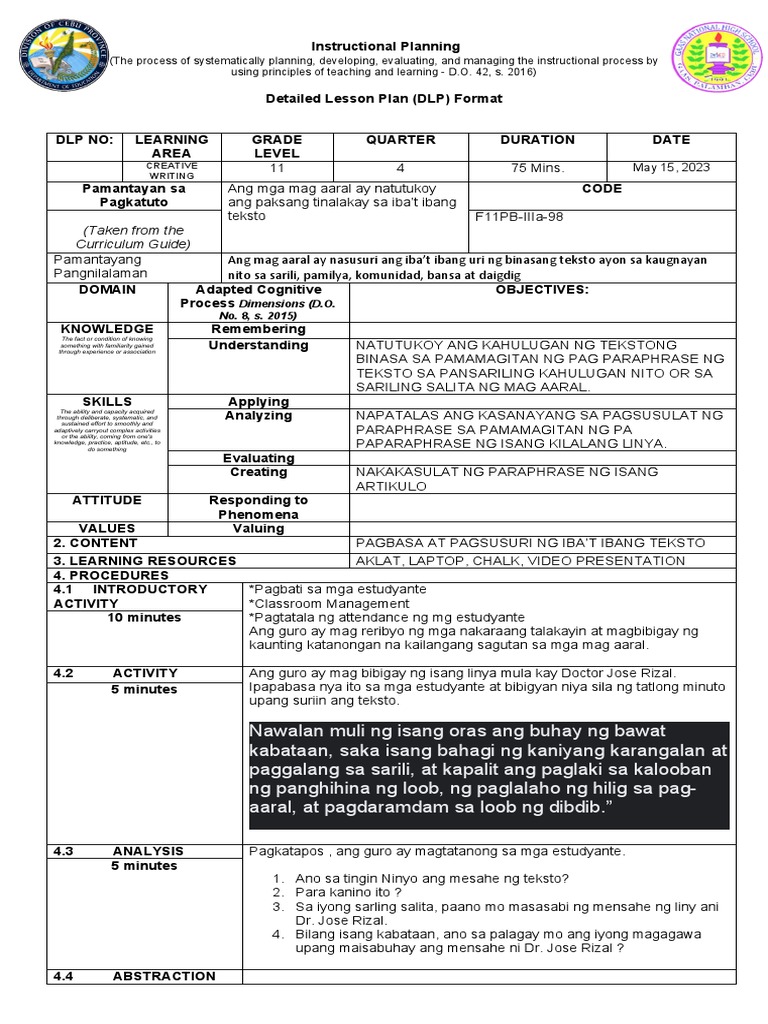 Lesson Plan F11PB-IIIa-98 | PDF