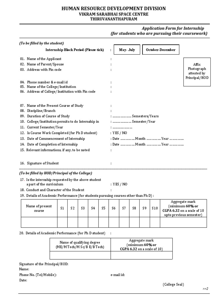 VSSC Internship Application Form | PDF