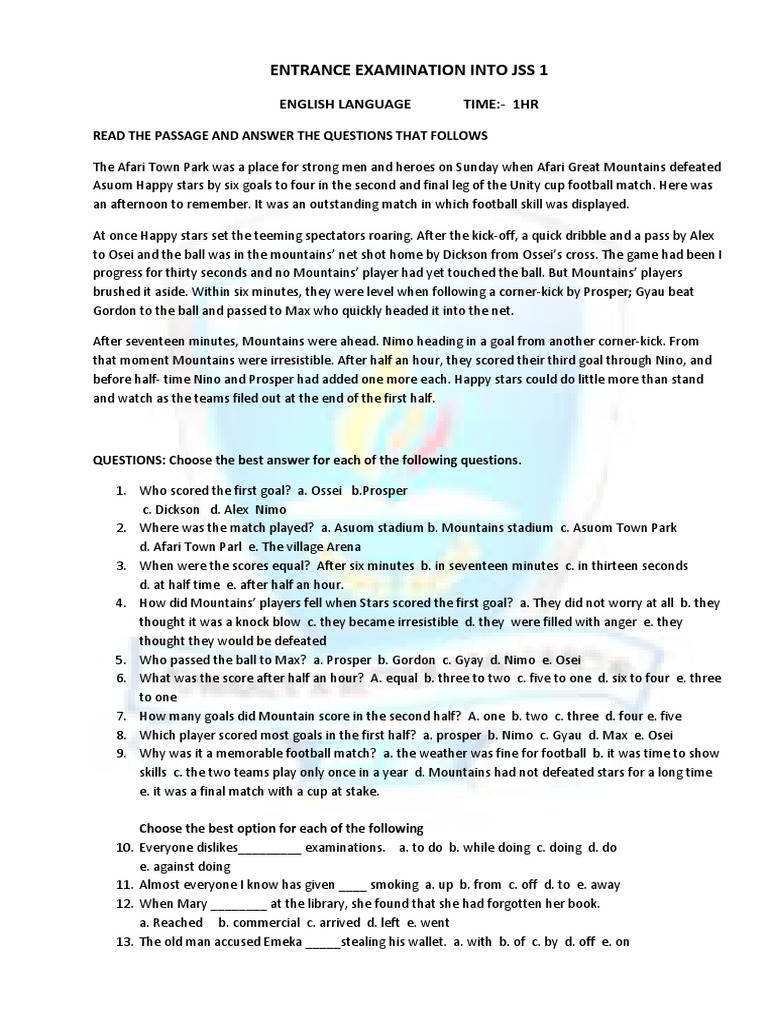 Past Questions Entrance English | PDF | Part Of Speech