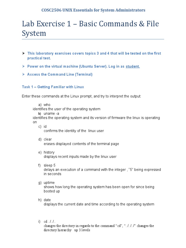 Lab Exercise 1 Unix | PDF | Operating System | Computer File Lab Exercise 1 Unix | PDF | Operating System | Computer File