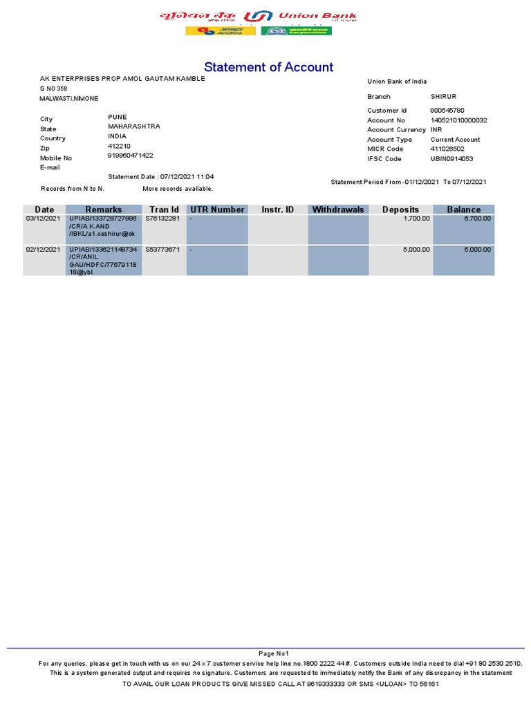 AK Enterprises Account Statement 2021 | PDF | Financial Services ...