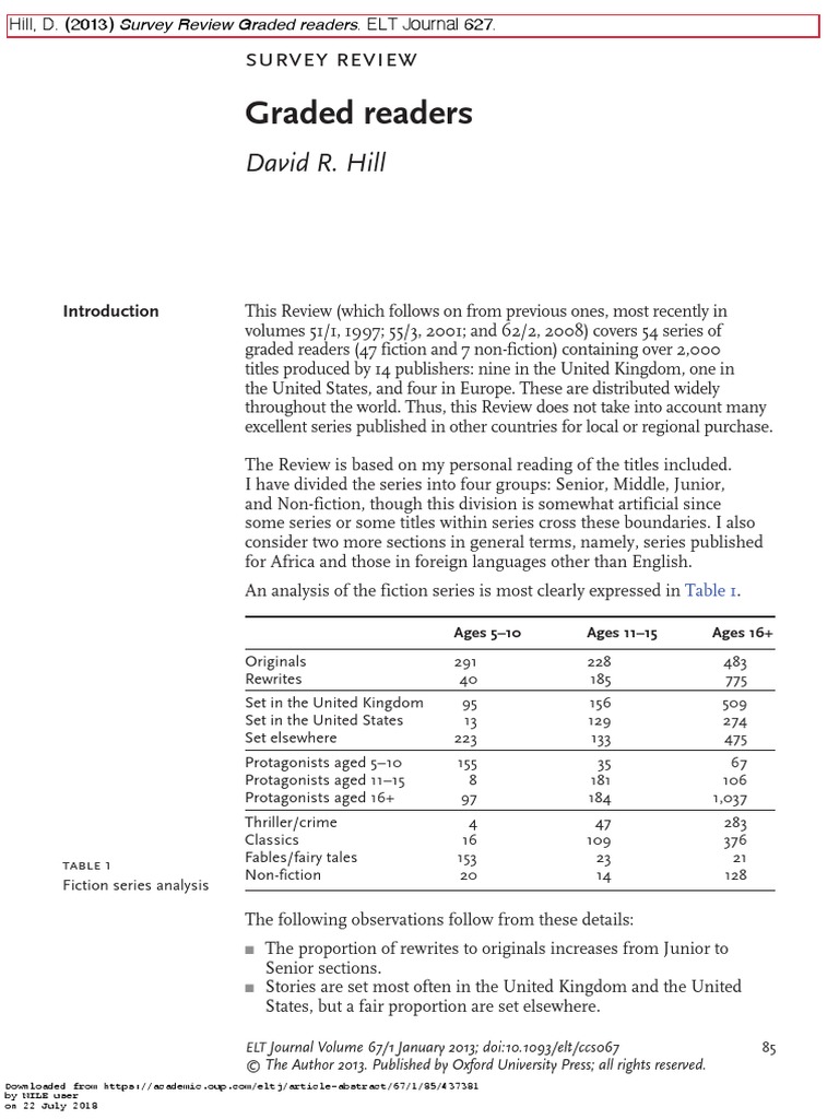 Hill, D. (2013) Survey Review Graded Readers. ELT Journal 627. | PDF | English Language | Reason