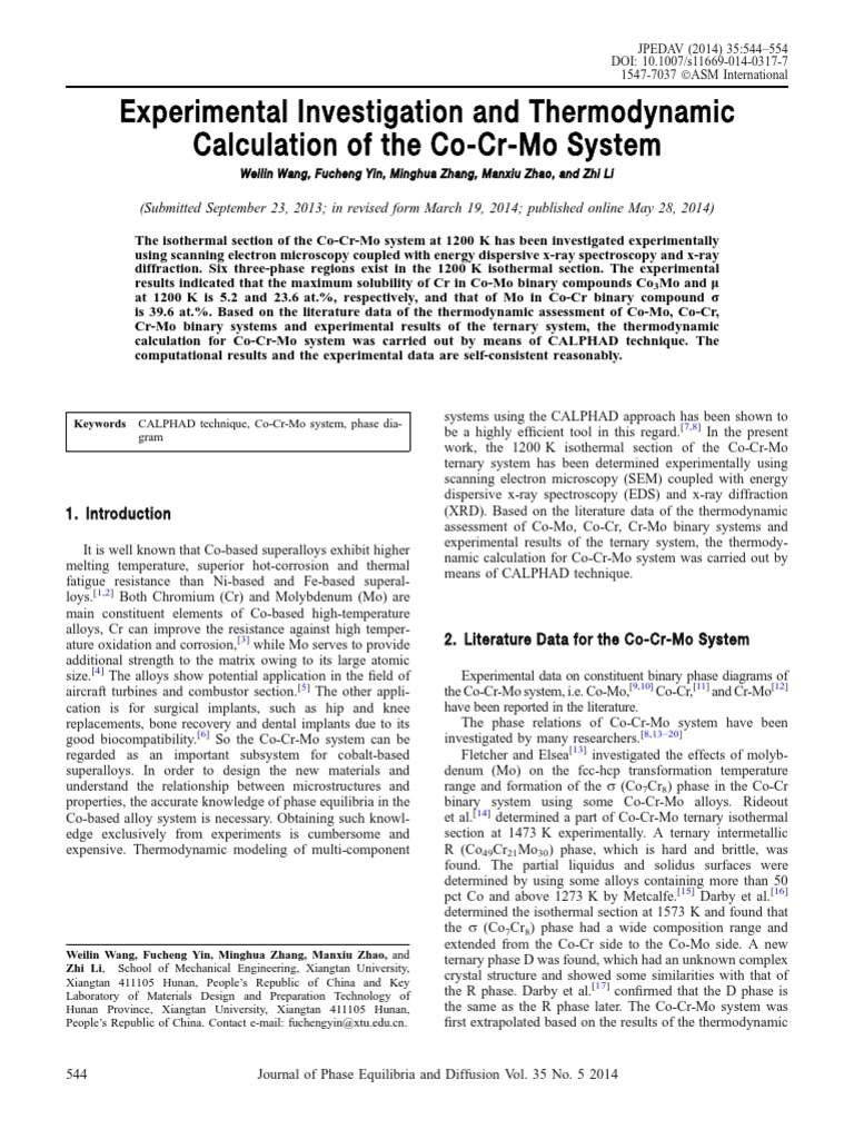 Experimental Investigation and Thermodynamic Calculation of The Co-Cr-Mo System | Download Free ...