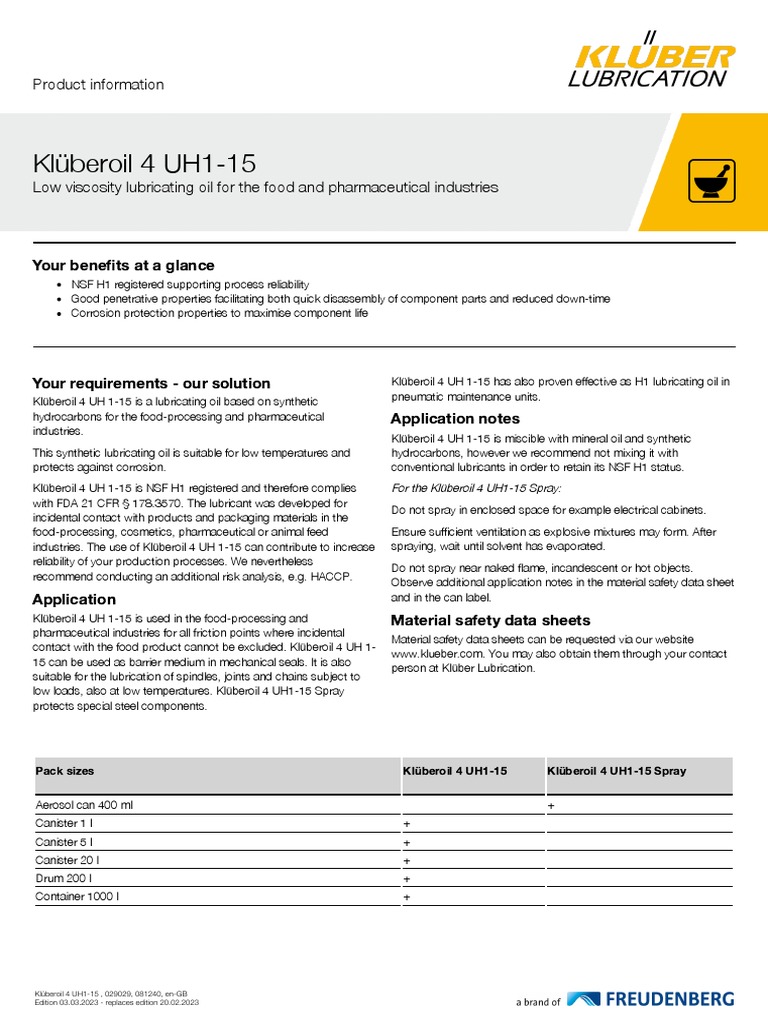 Klueberoil 4 UH1-15 029029 PI GB en | PDF | Oil | Lubricant