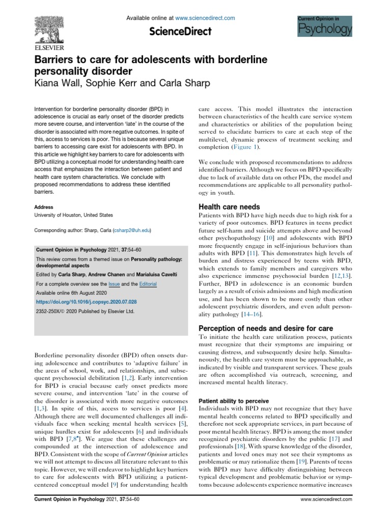 Barriers To Care For Adolescents With Borderline Personality Disorder | Download Free PDF ...