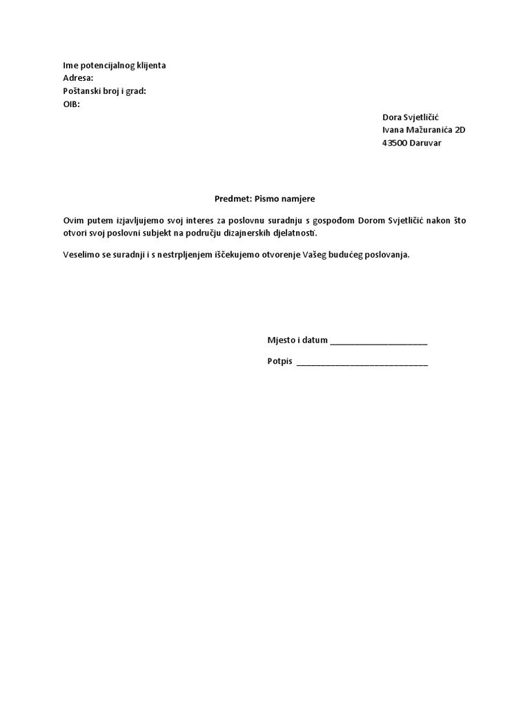 Pismo Namjere Forma | PDF