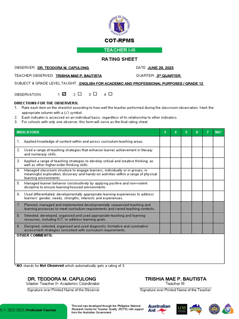Appendix C 02 COT RPMS Rating Sheet For T I III For SY 2022 2023 | PDF | Learning | Teachers