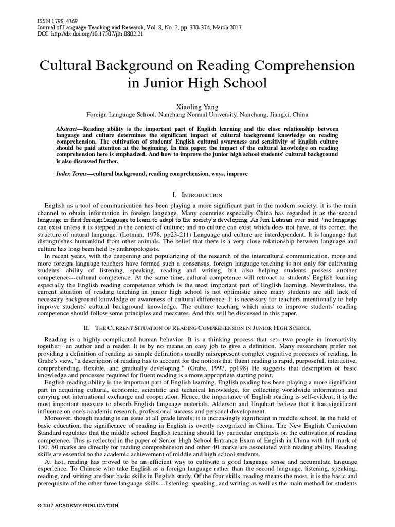 Cultural Background On Reading Comprehension | PDF | Reading ...