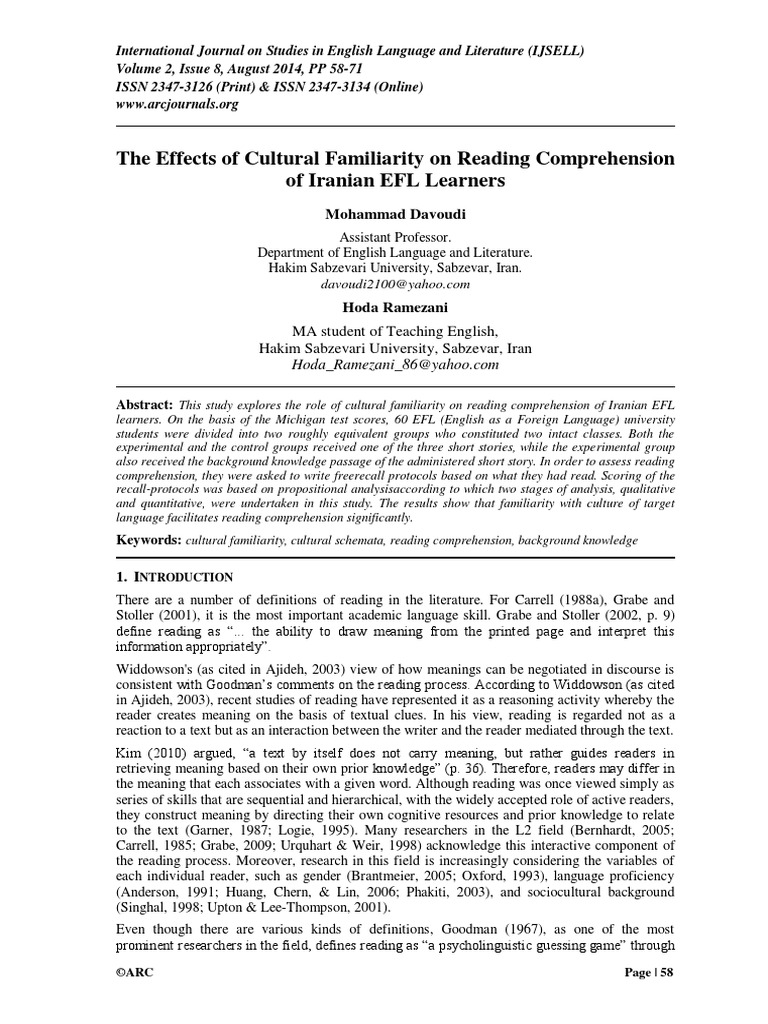 The Effects of Cultural Familiarity On Reading Comprehension of Iranian EFL Learners | PDF ...