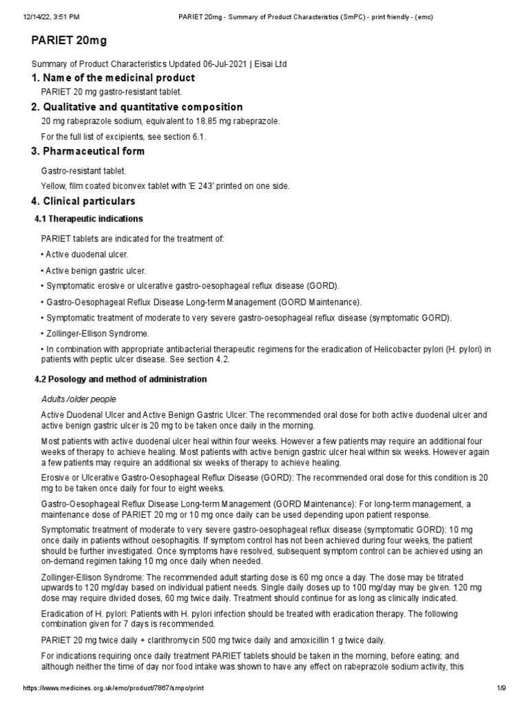 PARIET 20mg - Summary of Product Characteristics (SMPC) - Print ...