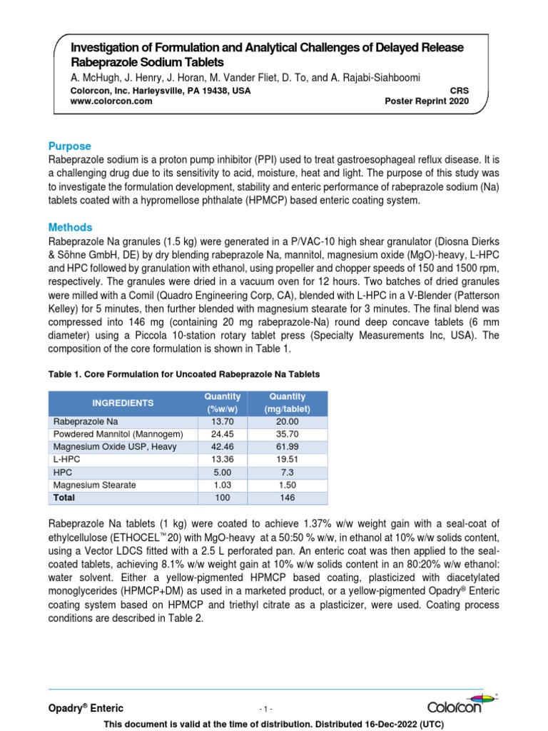 Rabeprazole Tablet Process and Formula | PDF