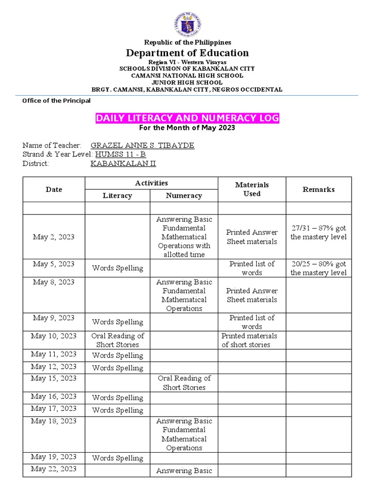 Daily Literacy and Numeracy Log May 2023 | PDF | Writing | Hobbies