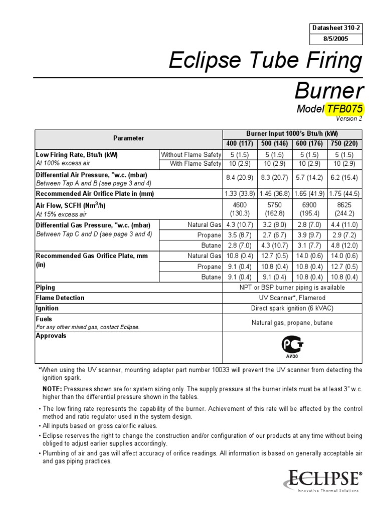 Eclipse Tube Firing Burner: Model TFB075 | PDF | Combustion | Energy Technology