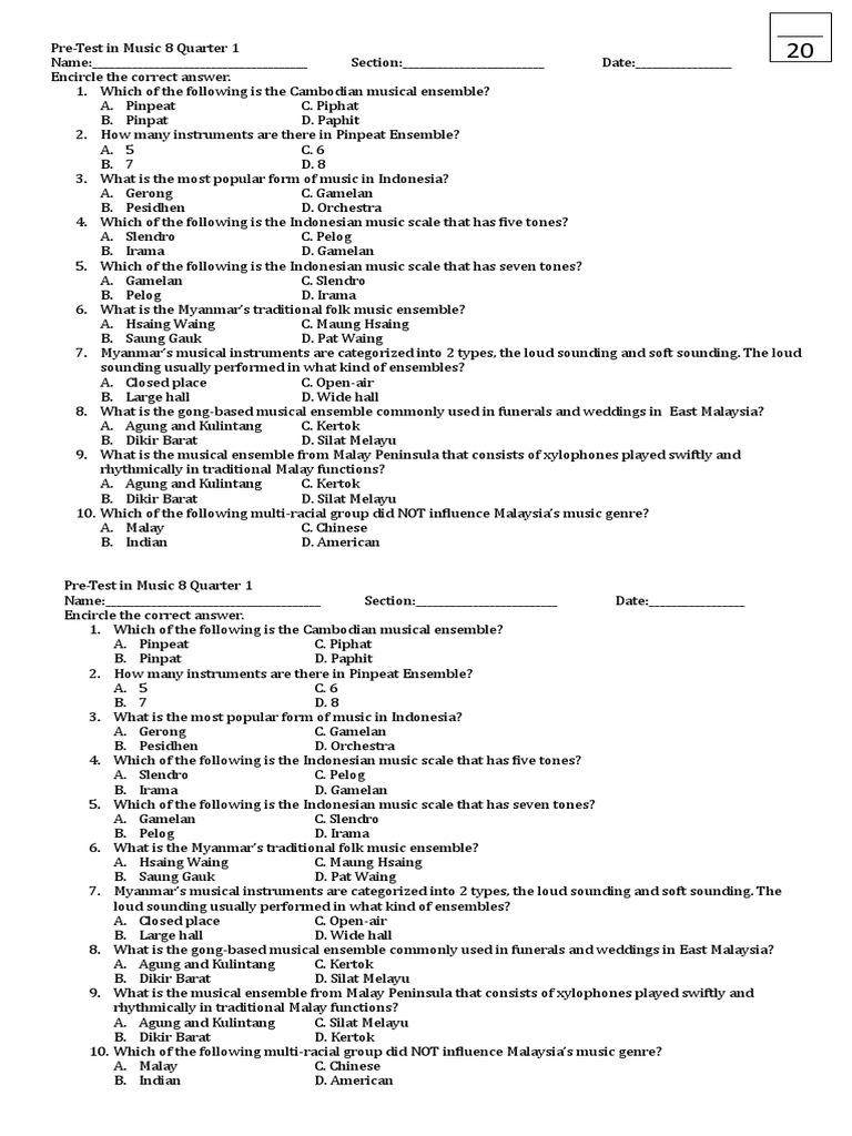 Pre Test Music 8 Quarter 1 | PDF | Thailand | Malaysia