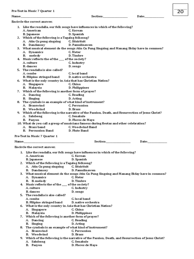 Pre Test Music 7 Quarter 1 | PDF | Tempo | Musical Instruments