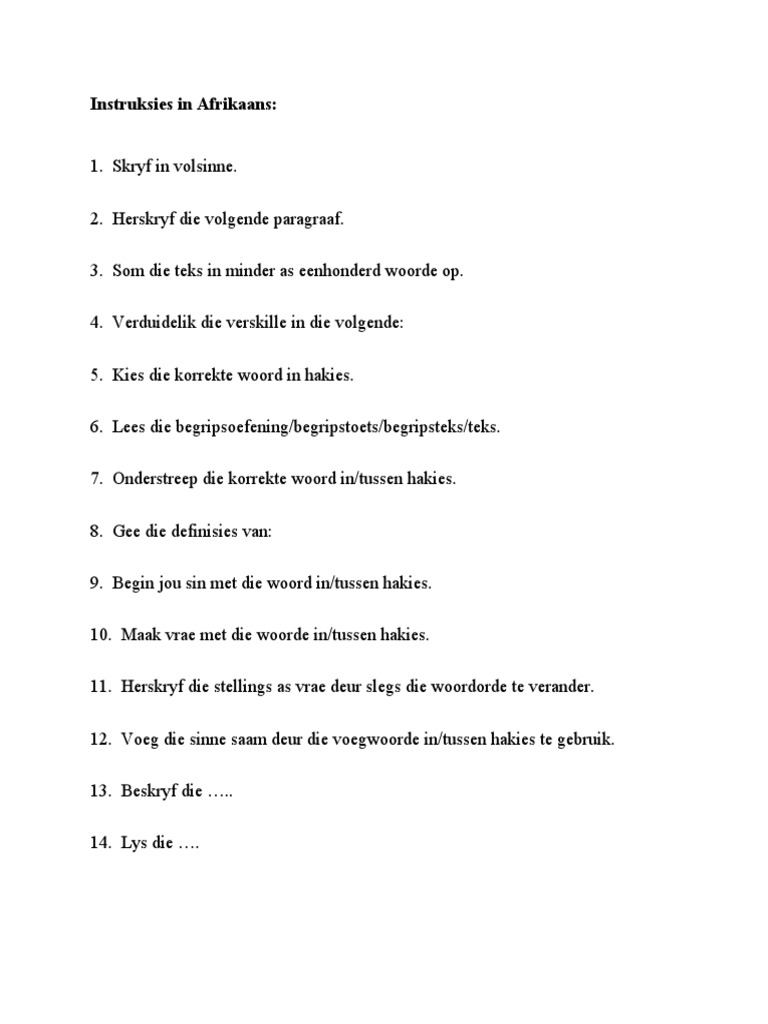 Instruksies in Afrikaans | PDF