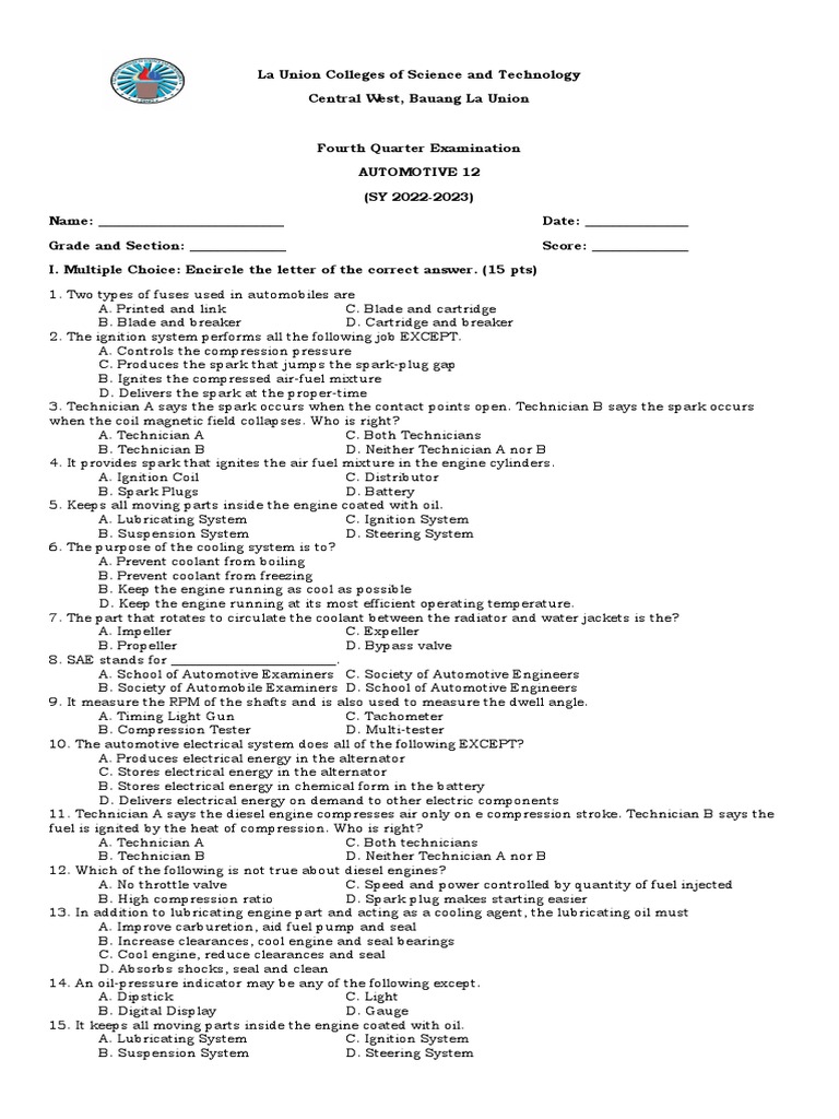 Grade 12 Automotive Fourth Quarter Test Non Honor | PDF | Internal ...