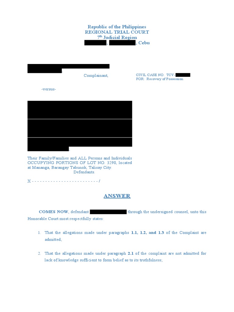 Answer (Recovery of Possession) | PDF | Legal Remedy | Separation Of Powers