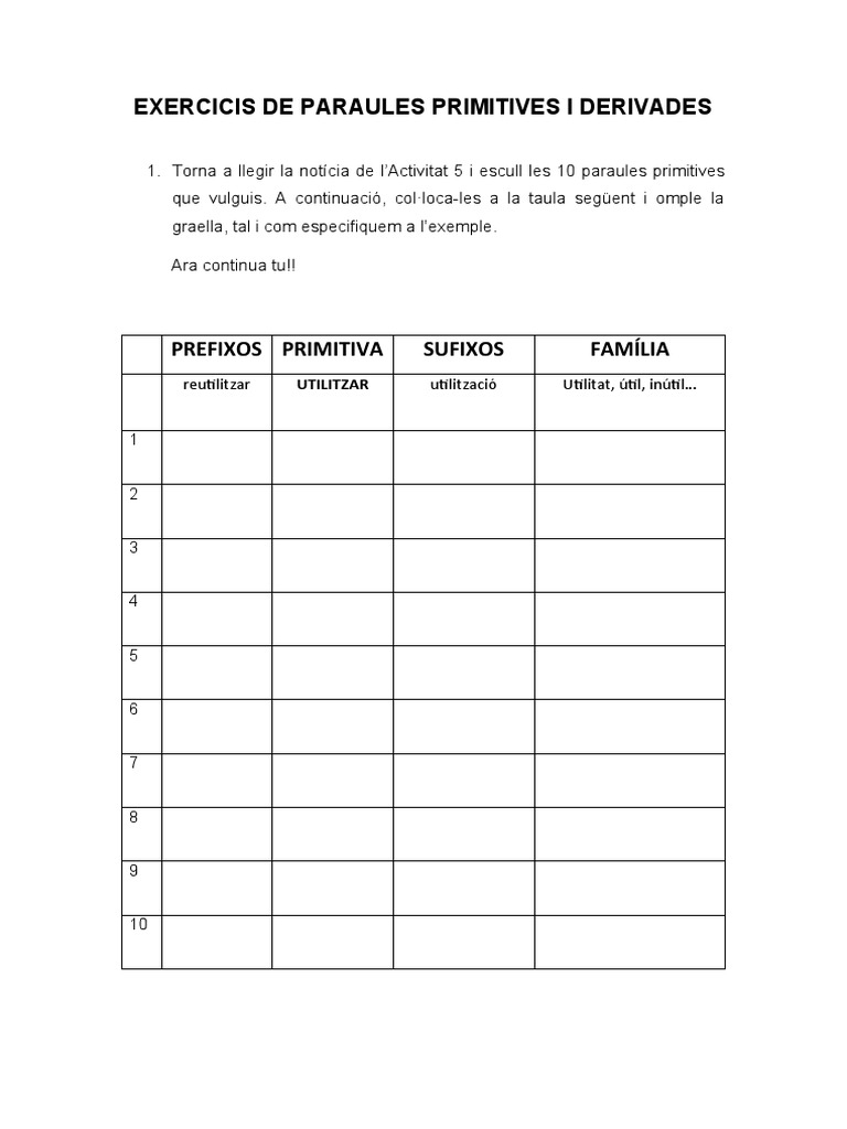 Exercicis Paraules Primitives I Derivades | PDF
