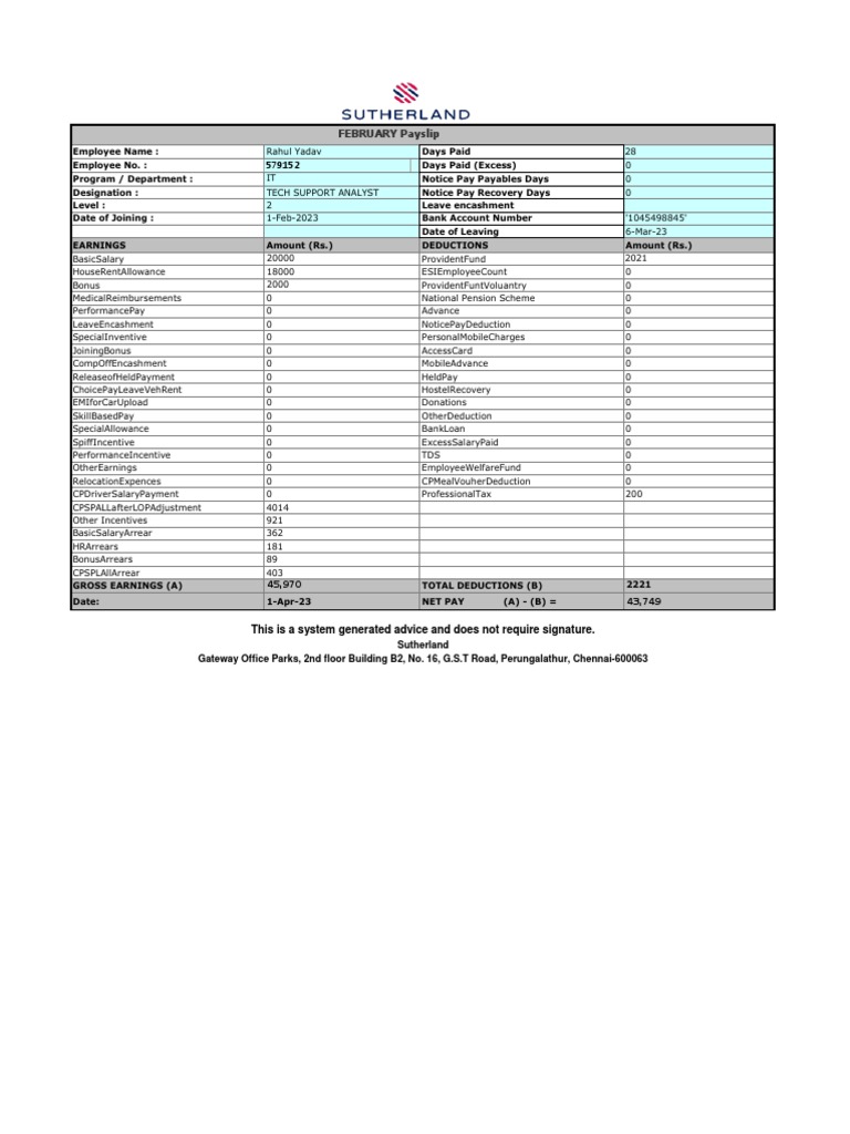 Suther Land Payslip | PDF | Paycheck | Employee Relations