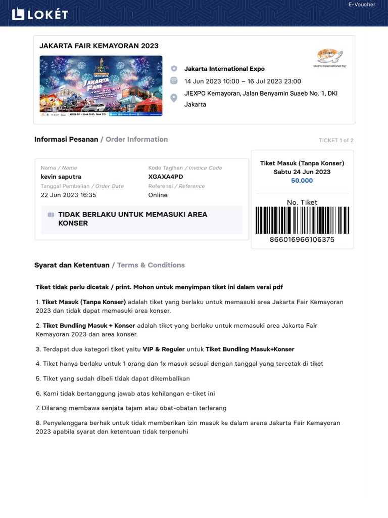 Tiket Masuk PRJ 24 Juni 2023 | PDF