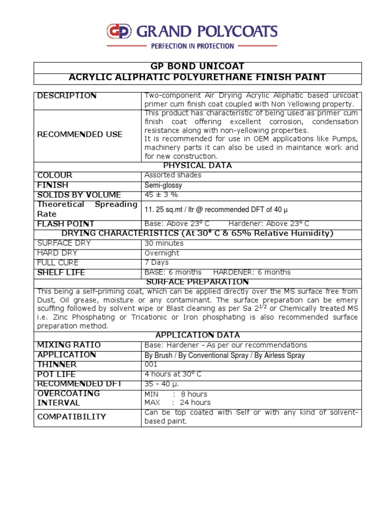 Paint - GP Bond Unicoat Acrylic Aliphatic Polyurethane Finish Paint | PDF