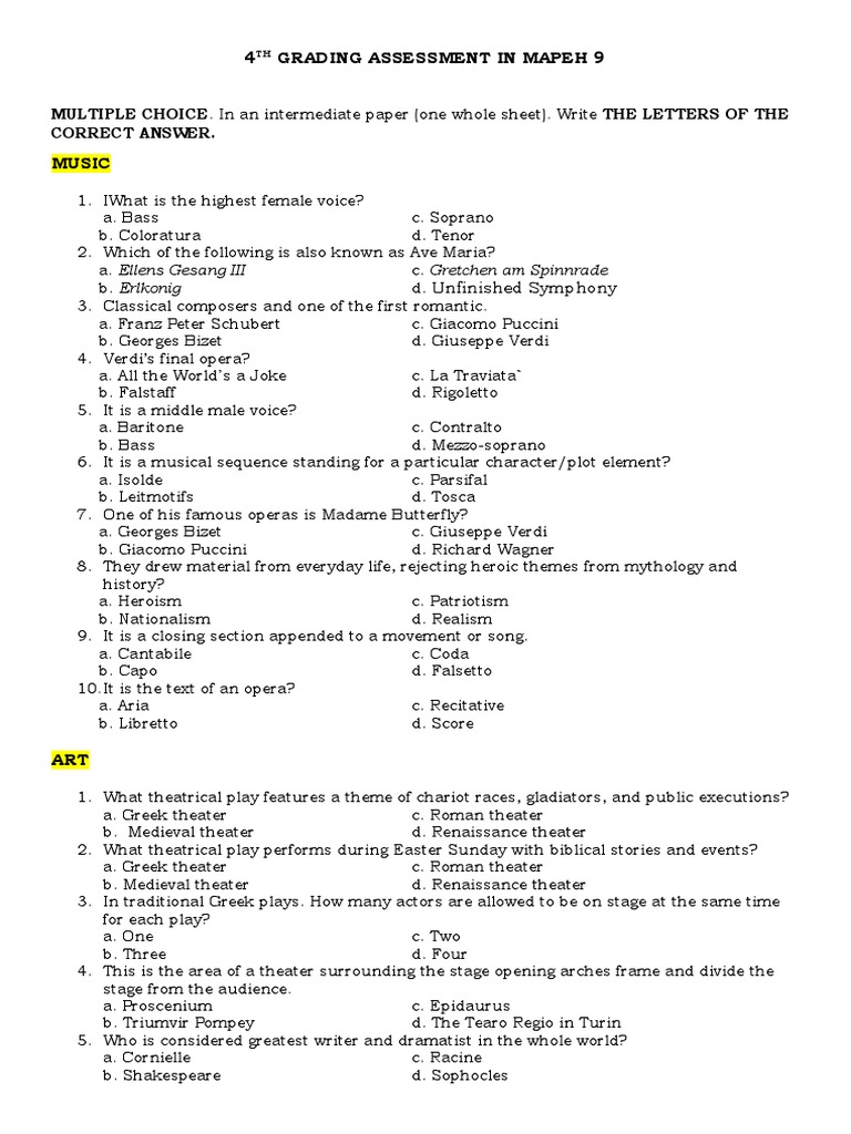 06 4th QUARTER GRADE 9 MUSIC ARTS ASSESSMENT | PDF