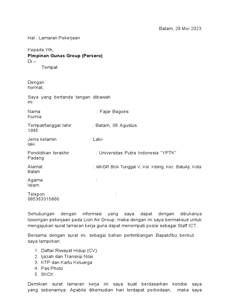 Lamaran Kerja Fajar Bagoes Kurnia | PDF