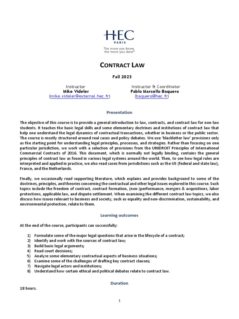 Syllabus Contract Law 2023 - Final | PDF | Private Law | Justice