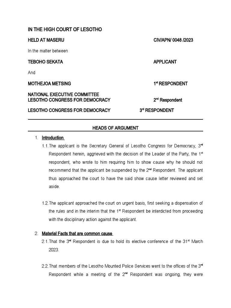 Drafting Heads of Argument in Lesotho Case | PDF