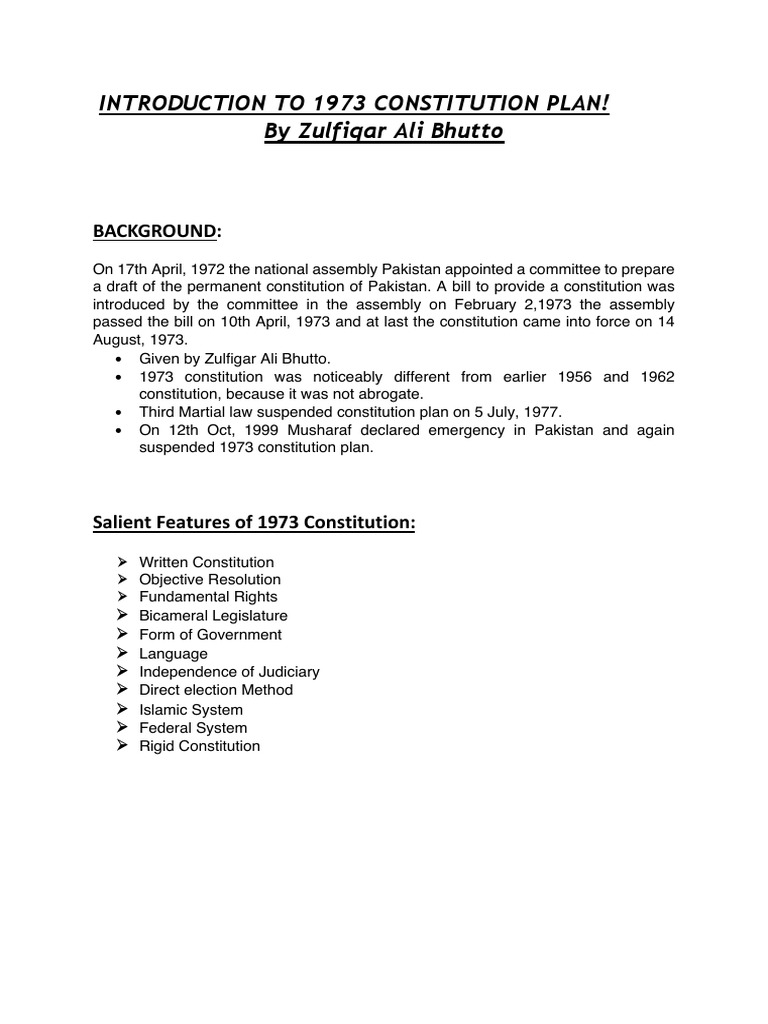 Introduction To 1973 Constitution Plan! by Zulfiqar Ali Bhutto | PDF ...