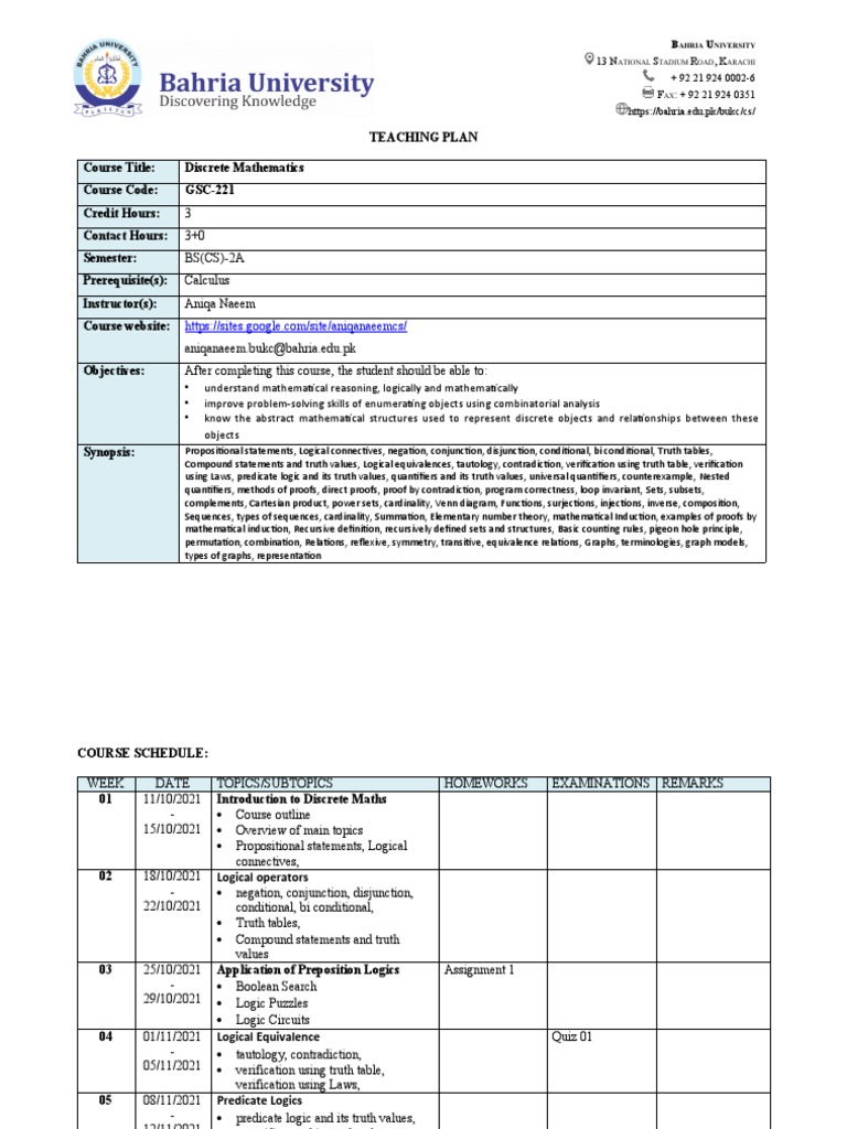 Teaching Plan GSC 221 Discrete Maths | Download Free PDF | Logic | Discrete Mathematics