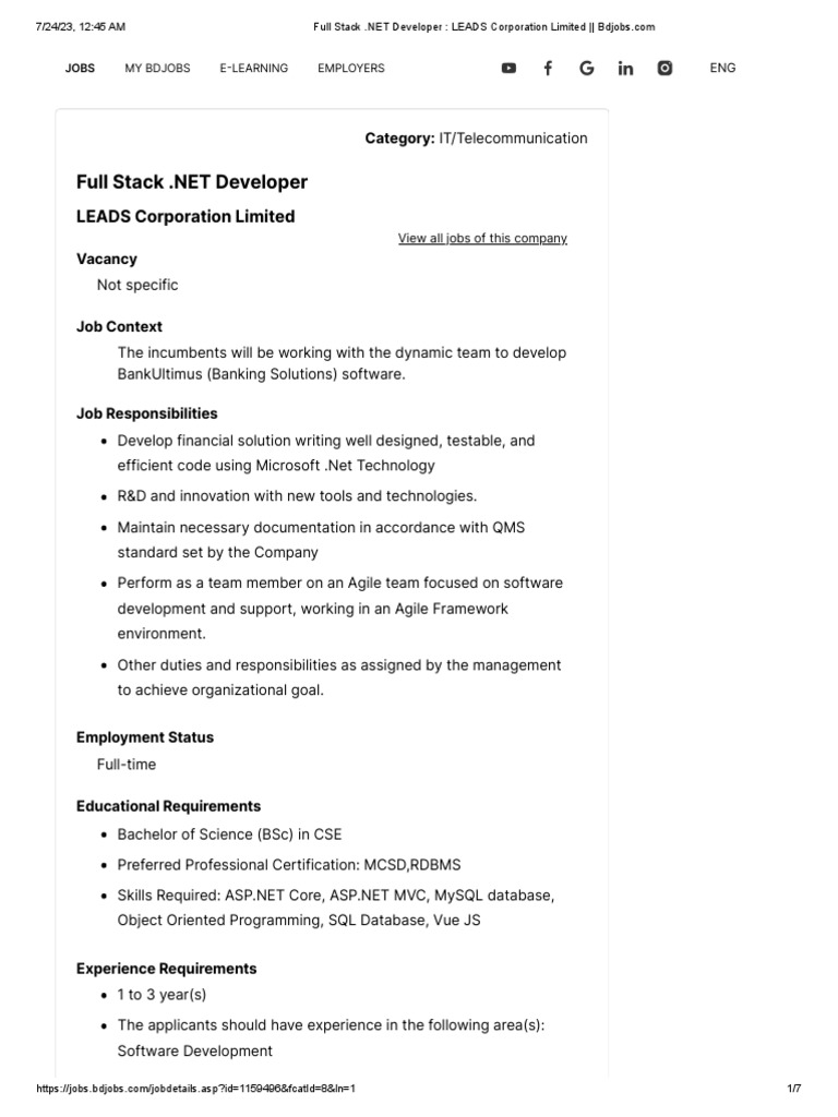 Full Stack .NET Developer - LEADS Corporation Limited | PDF | Mobile ...