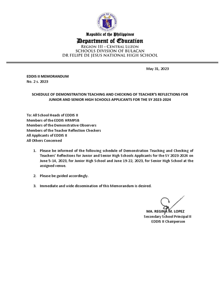 EDDIS 2 Memo Schedule of Demo Teaching Checking of Reflections For JHS SHS | PDF