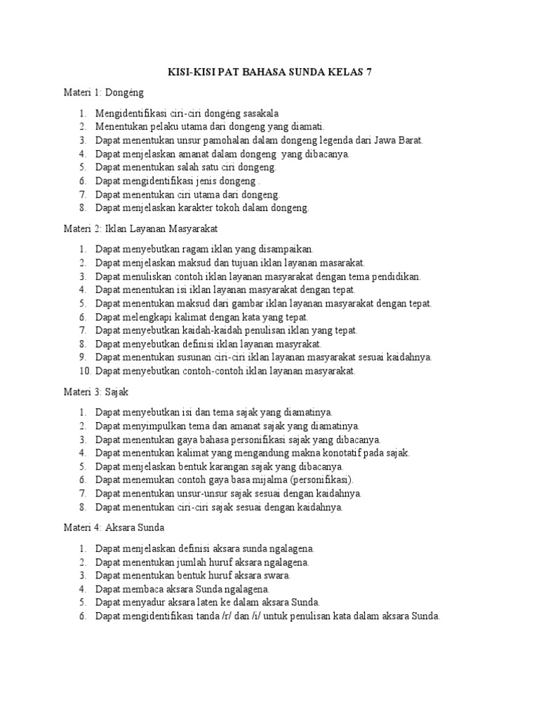 Kisi-Kisi B.sunda Kelas 7 | PDF | Kajian Bahasa Asing | Fiksi Umum