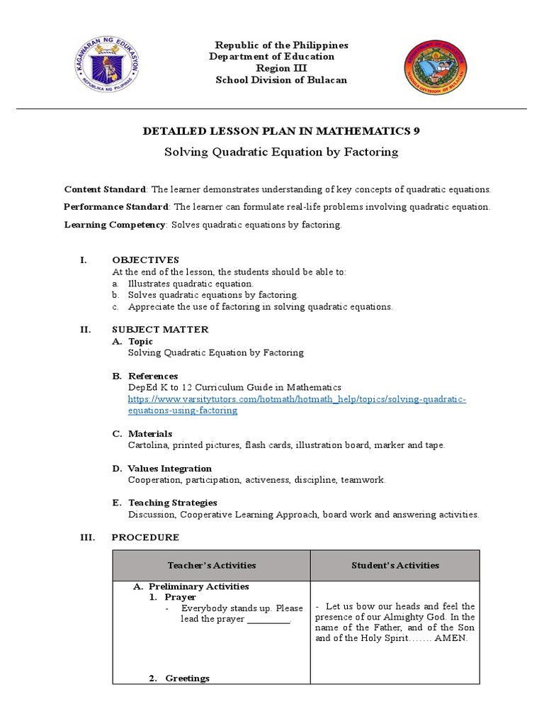 Quadratic Equations Factoring Lesson Pdf Factorization Mathematics